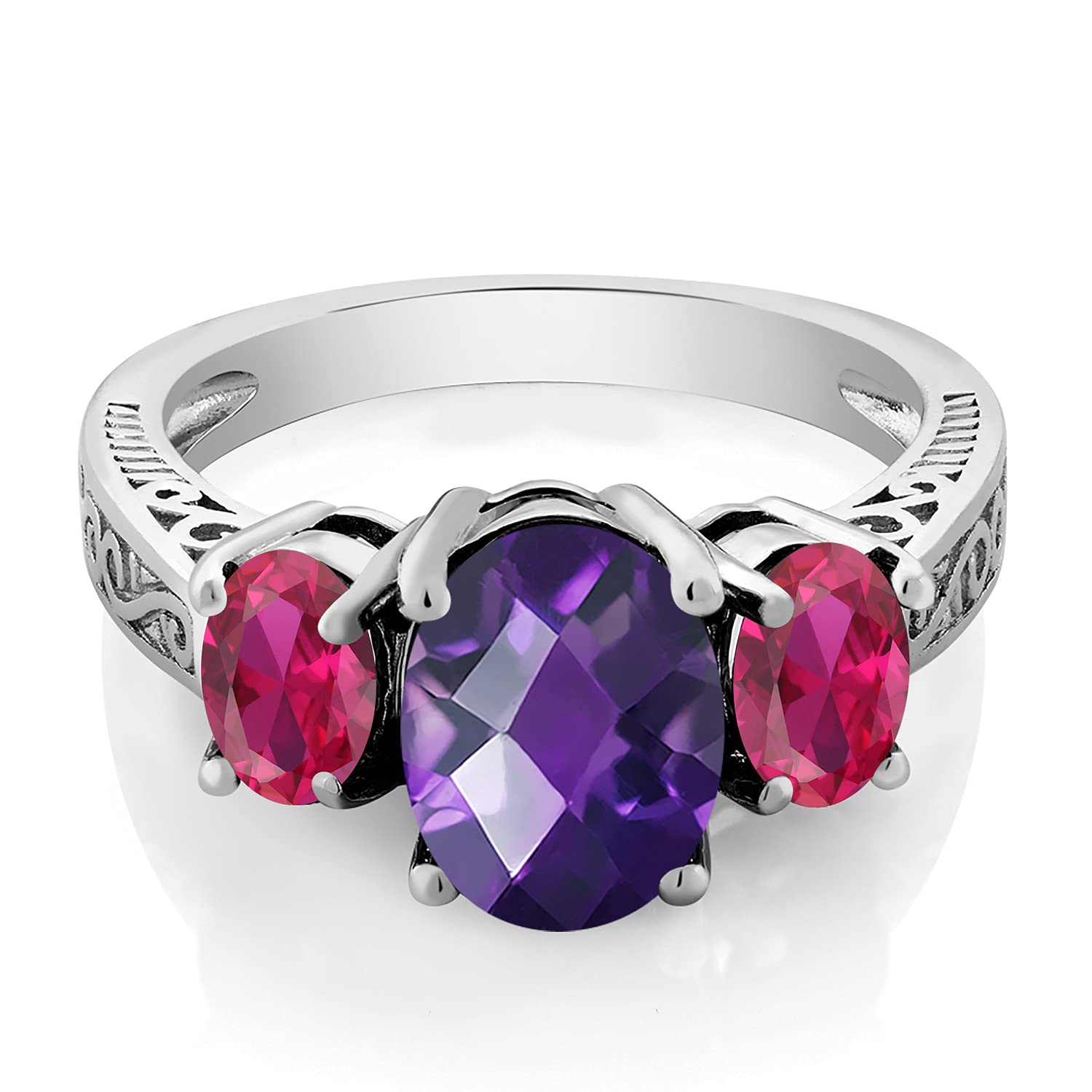 Gem Stone King 2.60 Ct Oval Checkerboard Amethyst Red Created Ruby 925 Sterling Silver 3-Stone Ring (Size 5)