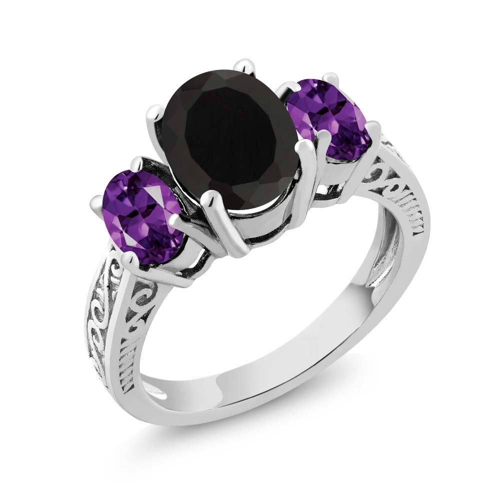 Gem Stone King 925 Sterling Silver Black Onyx and Purple Amethyst 3-Stone Ring For Women (2.53 Cttw, Gemstone Birthstone, Available In Size 5, 6, 7, 8, 9)