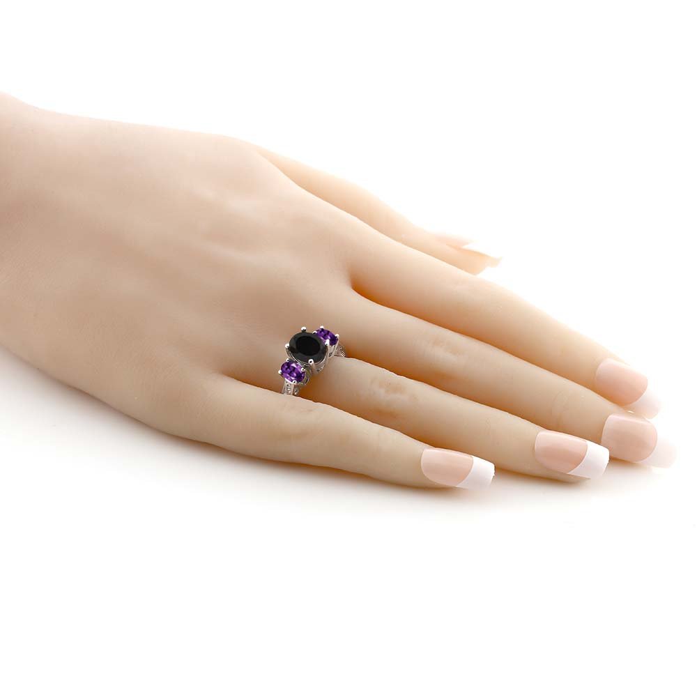 Gem Stone King 925 Sterling Silver Black Onyx and Purple Amethyst 3-Stone Ring For Women (2.53 Cttw, Gemstone Birthstone, Available In Size 5, 6, 7, 8, 9)