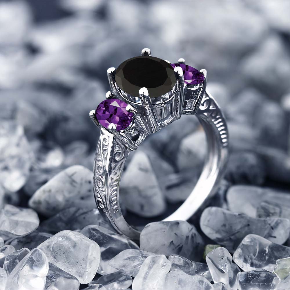 Gem Stone King 925 Sterling Silver Black Onyx and Purple Amethyst 3-Stone Ring For Women (2.53 Cttw, Gemstone Birthstone, Available In Size 5, 6, 7, 8, 9)