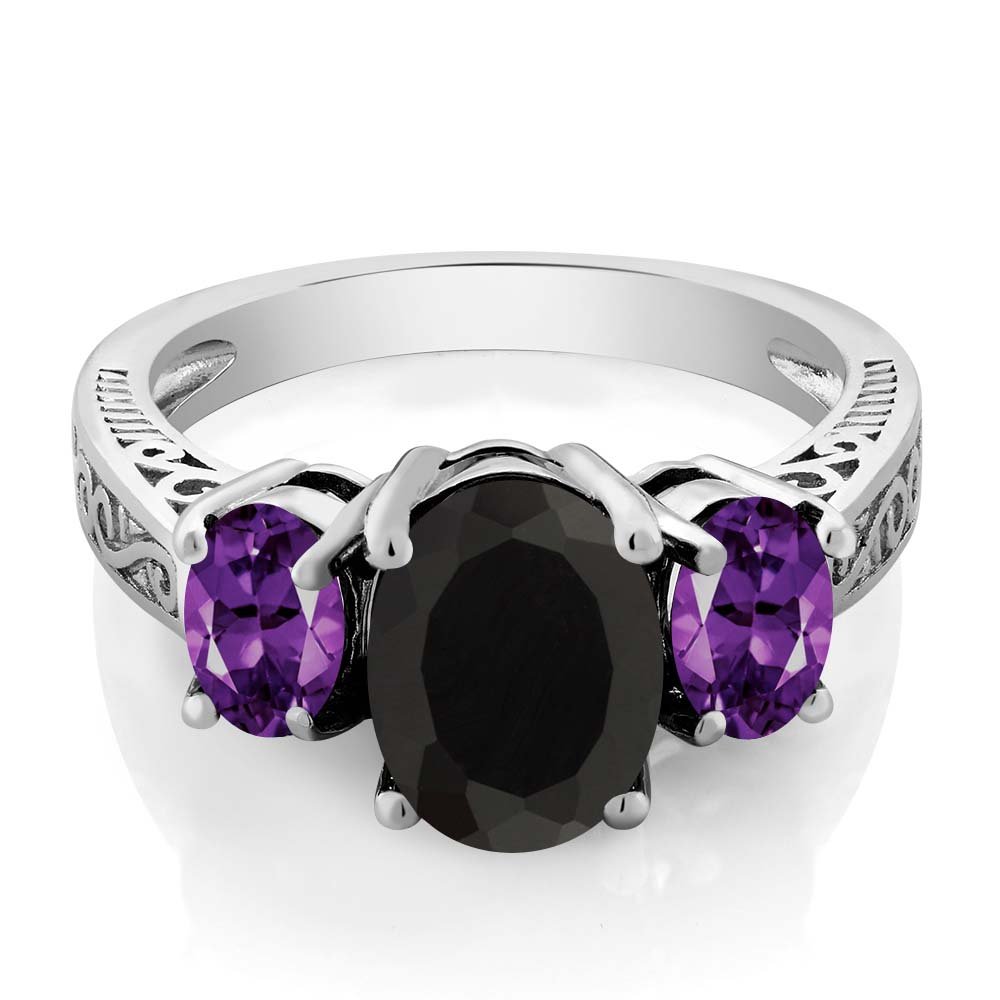 Gem Stone King 925 Sterling Silver Black Onyx and Purple Amethyst 3-Stone Ring For Women (2.53 Cttw, Gemstone Birthstone, Available In Size 5, 6, 7, 8, 9)