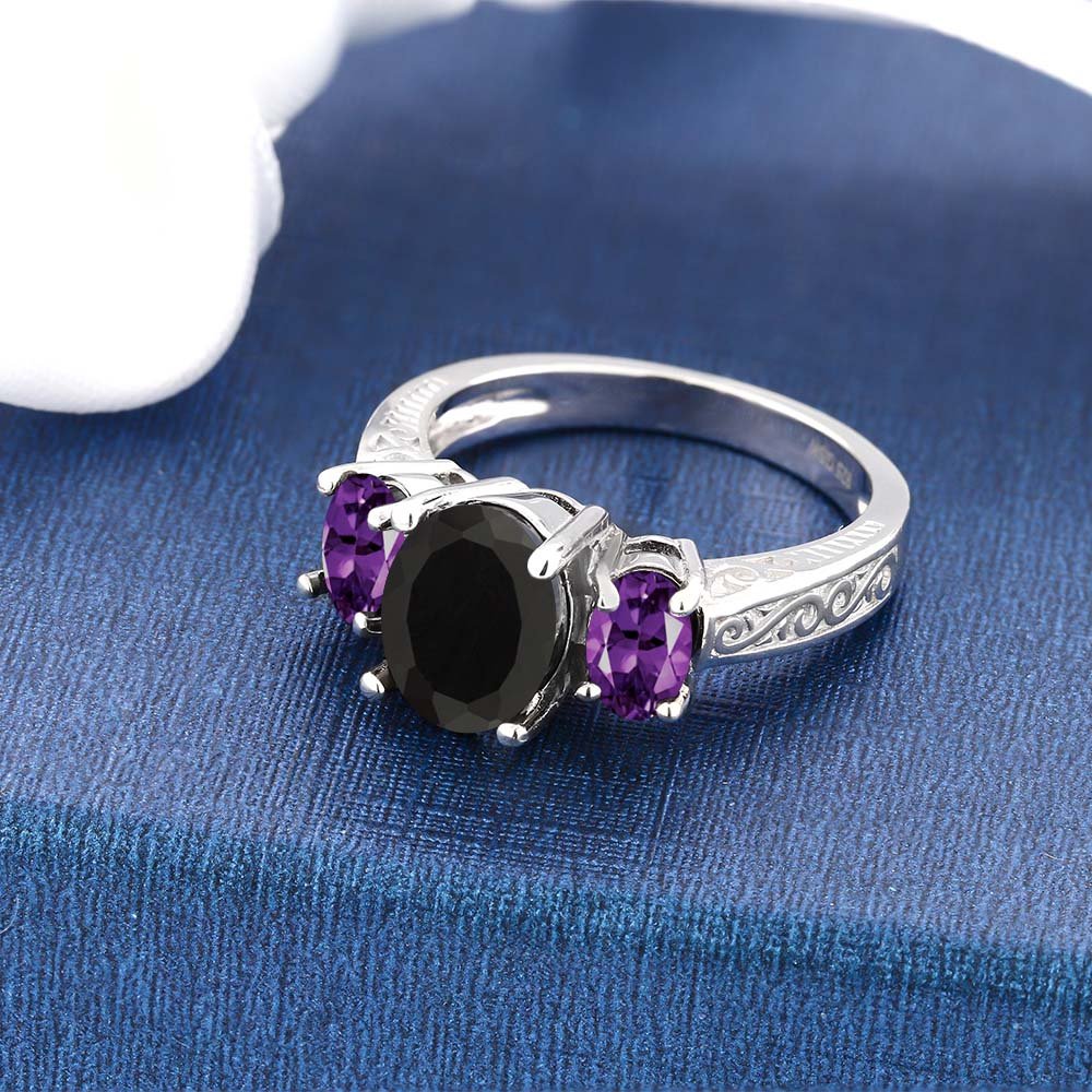 Gem Stone King 925 Sterling Silver Black Onyx and Purple Amethyst 3-Stone Ring For Women (2.53 Cttw, Gemstone Birthstone, Available In Size 5, 6, 7, 8, 9)