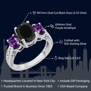 Gem Stone King 925 Sterling Silver Black Onyx and Purple Amethyst 3-Stone Ring For Women (2.53 Cttw, Gemstone Birthstone, Available In Size 5, 6, 7, 8, 9)