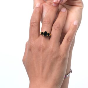 Gem Stone King 18K Yellow Gold Plated Silver Black Onyx 3 Stone Ring For Women (2.41 Cttw, Gemstone Birthstone, Available In Size 5, 6, 7, 8, 9)