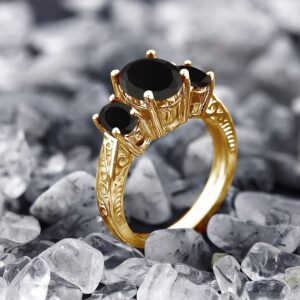 Gem Stone King 18K Yellow Gold Plated Silver Black Onyx 3 Stone Ring For Women (2.41 Cttw, Gemstone Birthstone, Available In Size 5, 6, 7, 8, 9)