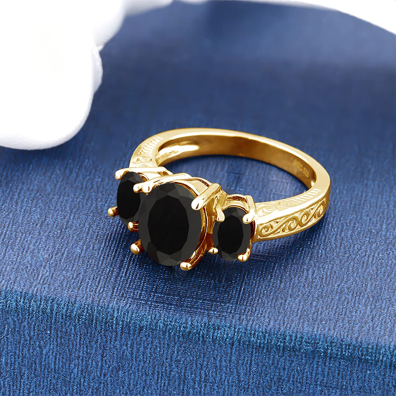 Gem Stone King 18K Yellow Gold Plated Silver Black Onyx 3 Stone Ring For Women (2.41 Cttw, Gemstone Birthstone, Available In Size 5, 6, 7, 8, 9)