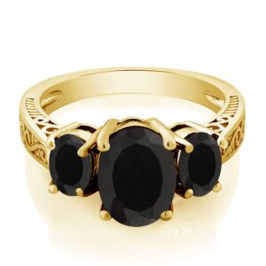 Gem Stone King 18K Yellow Gold Plated Silver Black Onyx 3 Stone Ring For Women (2.41 Cttw, Gemstone Birthstone, Available In Size 5, 6, 7, 8, 9)