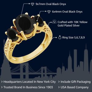 Gem Stone King 18K Yellow Gold Plated Silver Black Onyx 3 Stone Ring For Women (2.41 Cttw, Gemstone Birthstone, Available In Size 5, 6, 7, 8, 9)