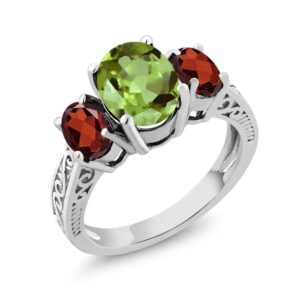 gem stone king 925 sterling silver green peridot and red garnet 3 stone ring for women (2.45 cttw, gemstone birthstone, available in size 5,6,7,8,9)