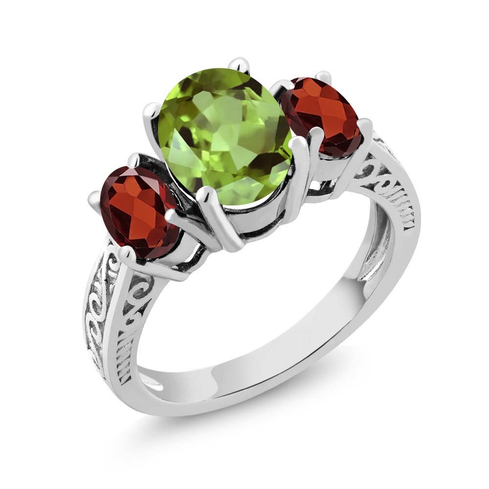 Gem Stone King 925 Sterling Silver Green Peridot and Red Garnet 3 Stone Ring For Women (2.45 Cttw, Gemstone Birthstone, Available In Size 5,6,7,8,9)