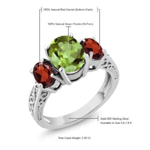 Gem Stone King 925 Sterling Silver Green Peridot and Red Garnet 3 Stone Ring For Women (2.45 Cttw, Gemstone Birthstone, Available In Size 5,6,7,8,9)