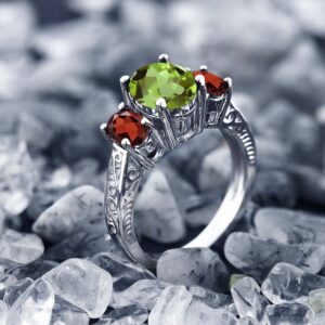 Gem Stone King 925 Sterling Silver Green Peridot and Red Garnet 3 Stone Ring For Women (2.45 Cttw, Gemstone Birthstone, Available In Size 5,6,7,8,9)