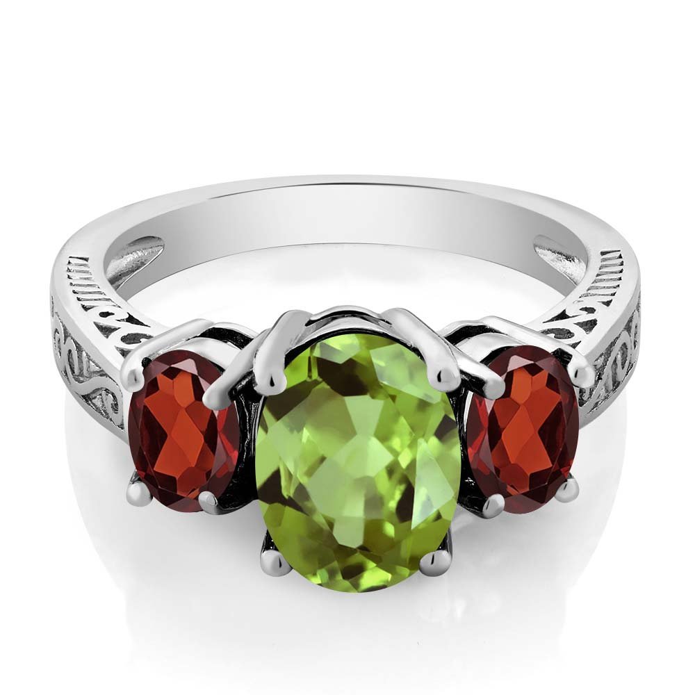 Gem Stone King 925 Sterling Silver Green Peridot and Red Garnet 3 Stone Ring For Women (2.45 Cttw, Gemstone Birthstone, Available In Size 5,6,7,8,9)