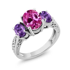 gem stone king 925 sterling silver pink created sapphire and purple amethyst 3-stone ring for women (3.30 cttw, gemstone birthstone, available in size 5, 6, 7, 8, 9)