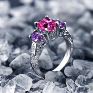 Gem Stone King 925 Sterling Silver Pink Created Sapphire and Purple Amethyst 3-Stone Ring For Women (3.30 Cttw, Gemstone Birthstone, Available In Size 5, 6, 7, 8, 9)