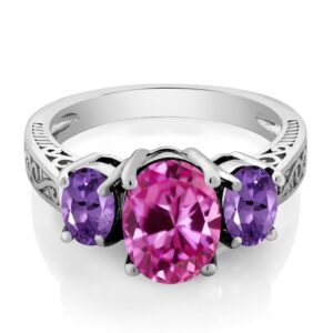 Gem Stone King 925 Sterling Silver Pink Created Sapphire and Purple Amethyst 3-Stone Ring For Women (3.30 Cttw, Gemstone Birthstone, Available In Size 5, 6, 7, 8, 9)