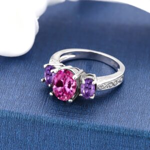 Gem Stone King 925 Sterling Silver Pink Created Sapphire and Purple Amethyst 3-Stone Ring For Women (3.30 Cttw, Gemstone Birthstone, Available In Size 5, 6, 7, 8, 9)