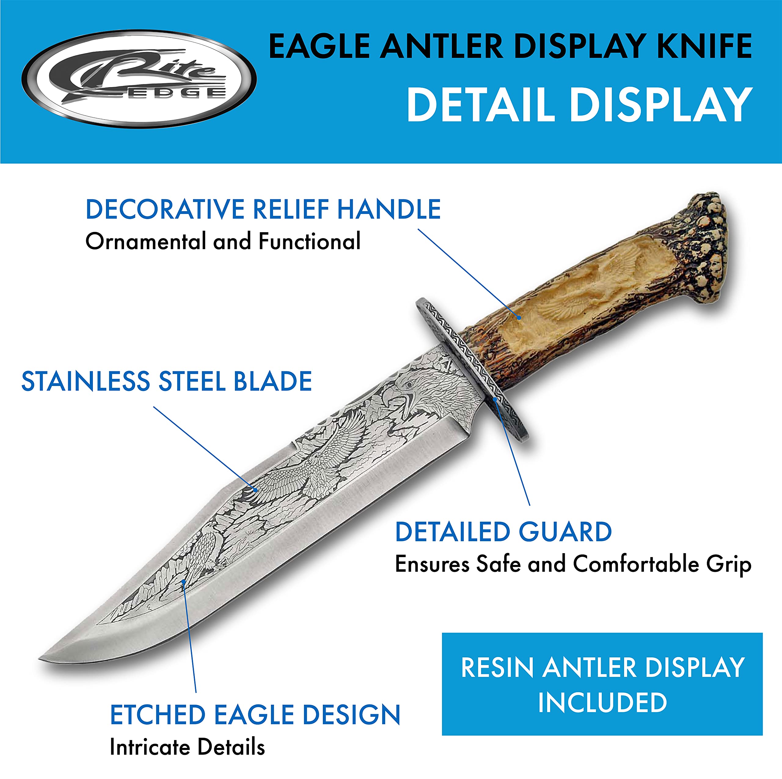 Szco Supplies 15" Etched Blade Deer Outdoor Hunting Knife With Resin Antler Display Stand,Brown