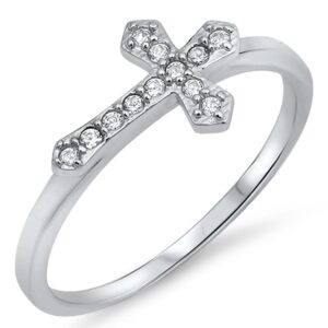 sterling silver women's clear cz sideways cross ring unique band 9mm size 4