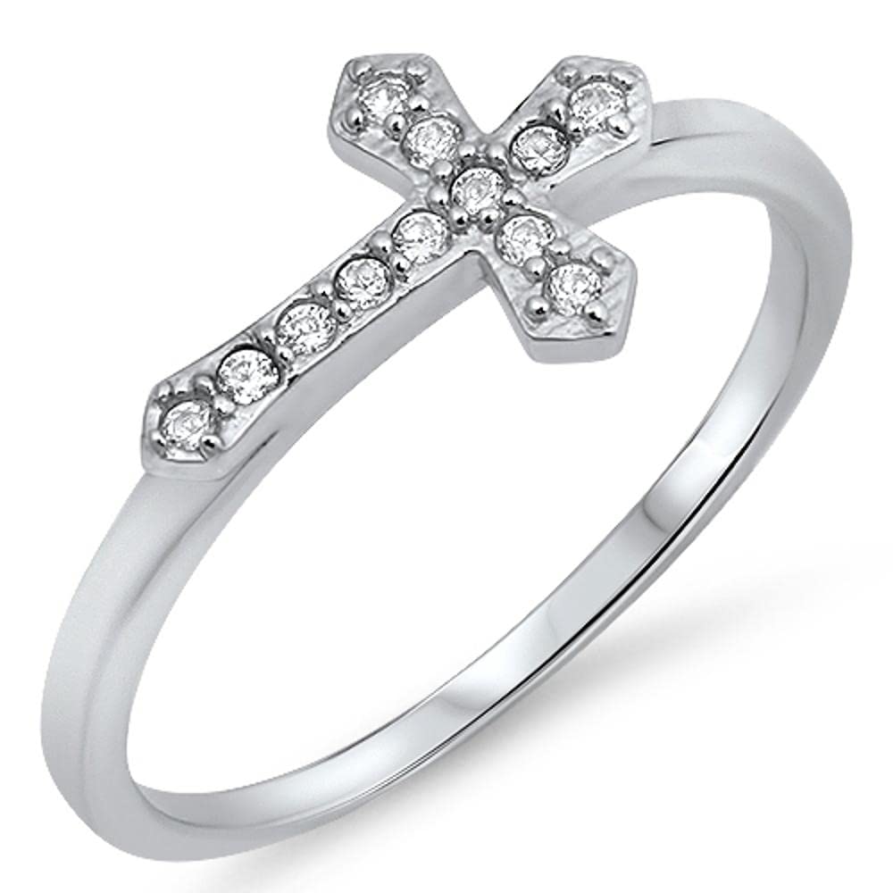 Sterling Silver Women's Clear CZ Sideways Cross Ring Unique Band 9mm Size 4