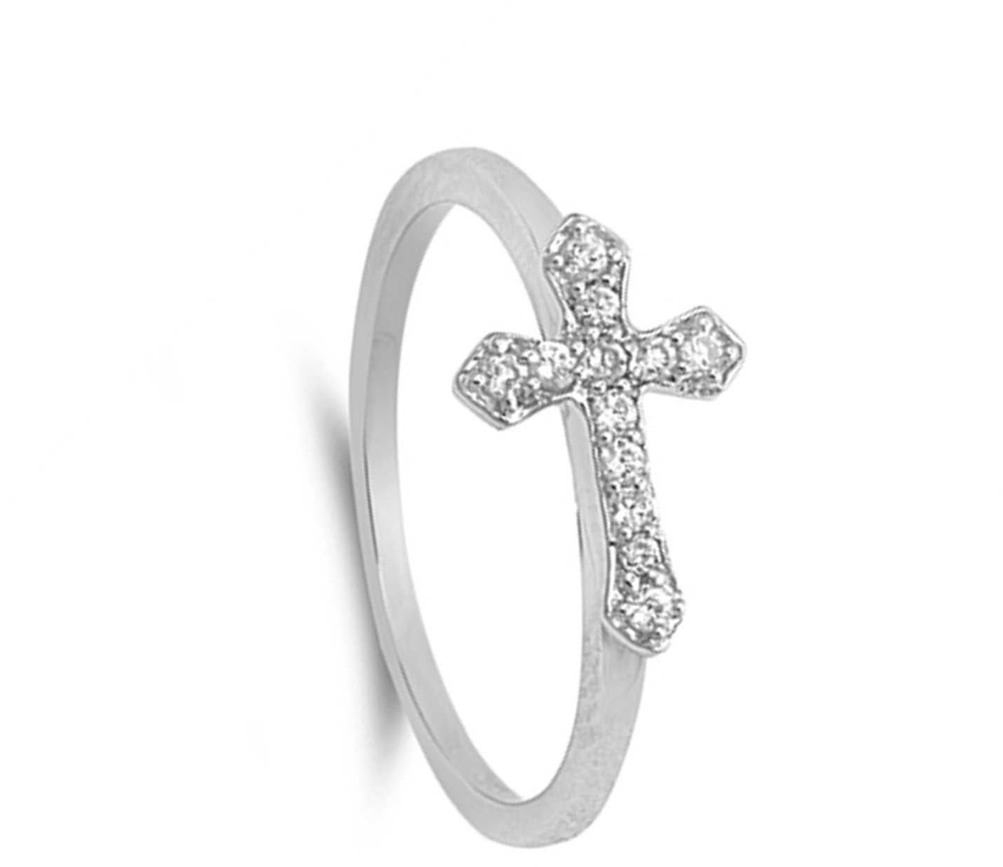 Sterling Silver Women's Clear CZ Sideways Cross Ring Unique Band 9mm Size 4