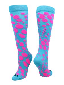 tck krazisox - leopard over the calf socks (turquoise/hot pink, small)