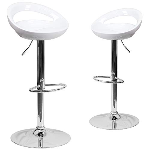 Flash Furniture Wilson 2 Pack Contemporary White Plastic Adjustable Height Barstool with Rounded Cutout Back and Chrome Base