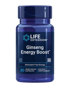 life extension ginseng energy boost, fermented ginseng extract, promotes energy, supports healthy stress response, gluten-free, non-gmo, vegetarian, 30 capsules