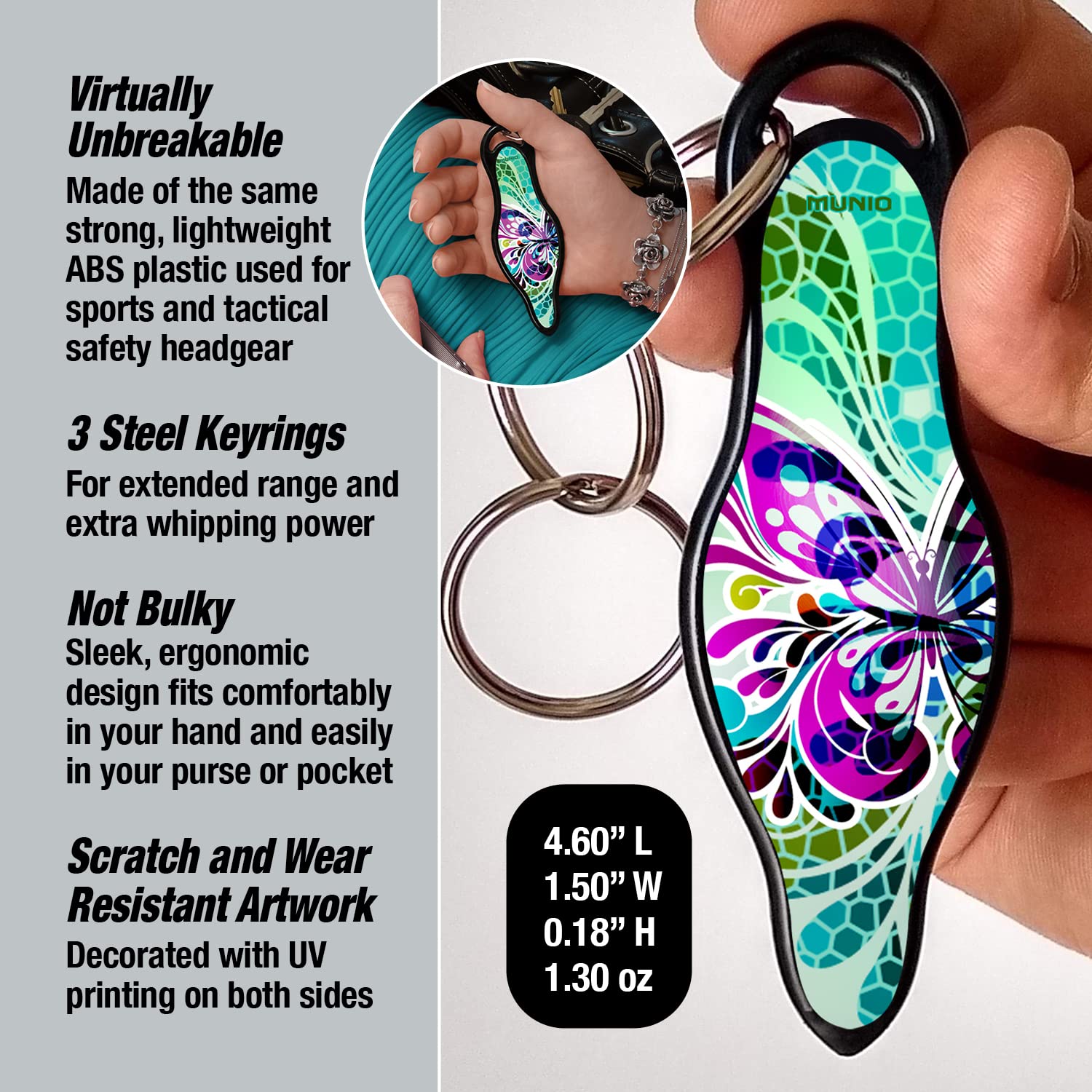 MUNIO Self Defense Keychain Kit – Personal Safety Device, Portable and Legal for Airplane Travel, TSA Approved, Made in the USA (Butterfly Glass)