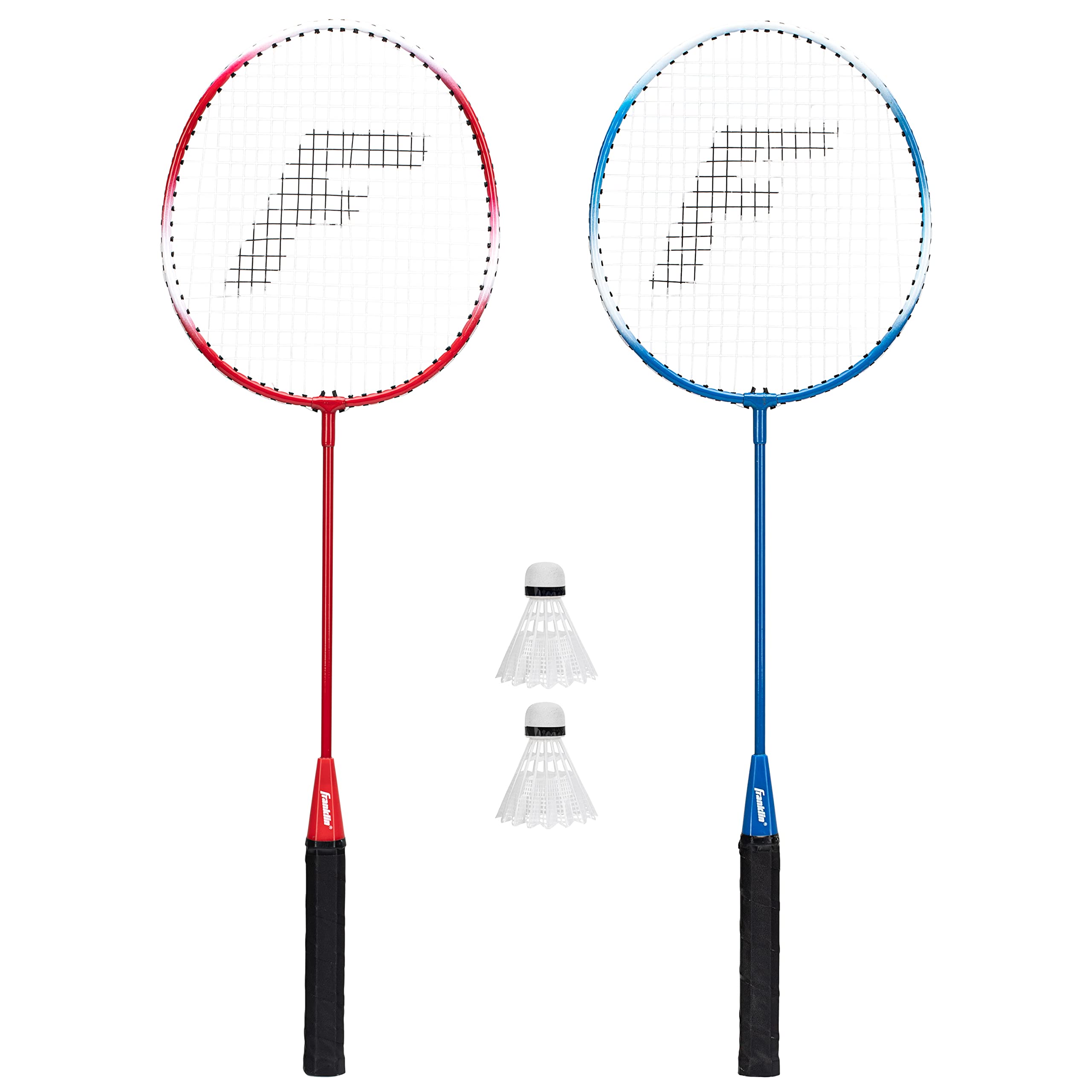 Franklin Sports Badminton Racket + Birdie Set - Replacement Badminton Equipment for Kids + Adults - 2 Player Badminton Racket Set, Red/ White/ Blue