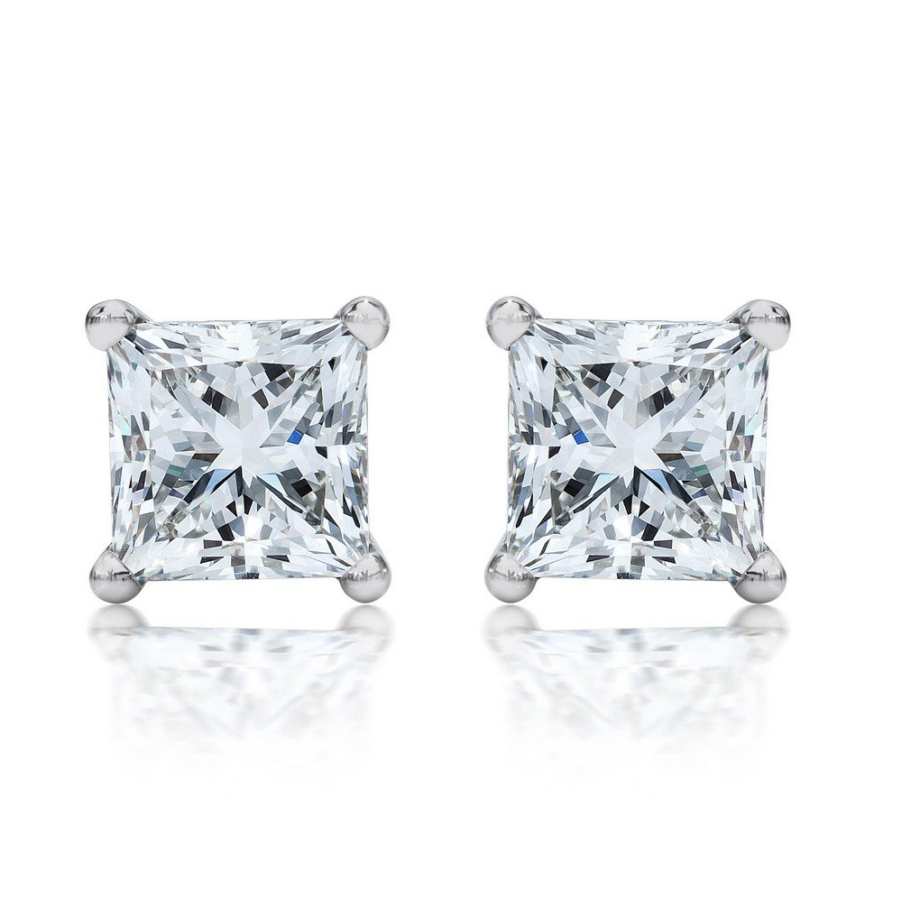 Houston Diamond District 1/2 Carat Platinum Solitaire Diamond Stud Earrings Princess Cut 4 Prong Push Back (D-F Color, VS2-SI1 Clarity)