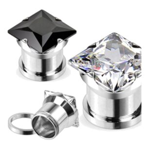 zaya body jewelry pair black clear square gem screw plugs steel ear tunnels 1/2 00g 0g 2g 4g 6g 8g (4g clear)