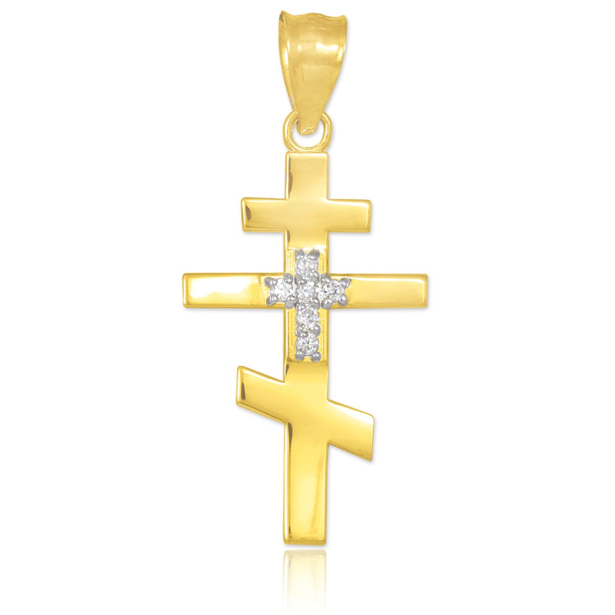 14k Yellow Gold Diamond Studded Orthodox Charm Russian Cross Pendant