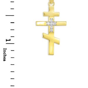 14k Yellow Gold Diamond Studded Orthodox Charm Russian Cross Pendant