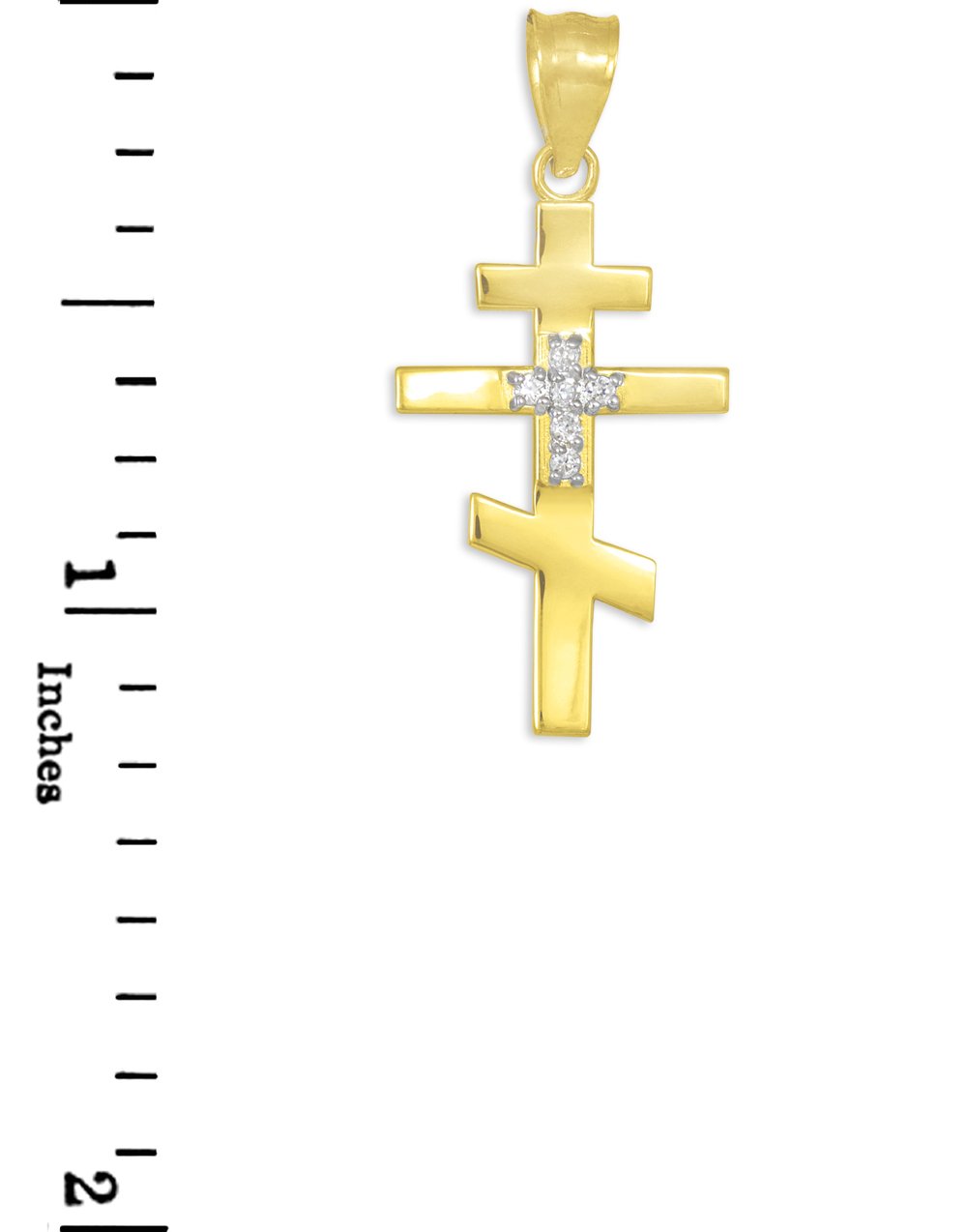 14k Yellow Gold Diamond Studded Orthodox Charm Russian Cross Pendant