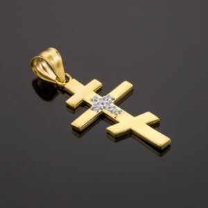 14k Yellow Gold Diamond Studded Orthodox Charm Russian Cross Pendant