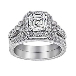 Amazon Essentials Platinum-Plated Sterling Silver Antique Ring set with Asscher-Cut Infinite Elements Cubic Zirconia, Size 7, (previously Amazon Collection)