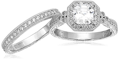 Amazon Essentials Platinum-Plated Sterling Silver Antique Ring set with Asscher-Cut Infinite Elements Cubic Zirconia, Size 7, (previously Amazon Collection)