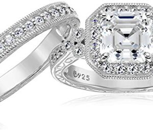 Amazon Essentials Platinum-Plated Sterling Silver Antique Ring set with Asscher-Cut Infinite Elements Cubic Zirconia, Size 7, (previously Amazon Collection)