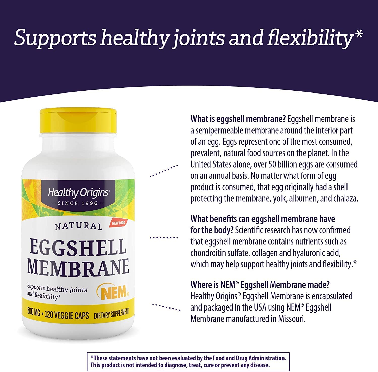 Healthy Origins Eggshell Membrane (NEM), 500 mg - Natural Collagen and Joint Support Supplement - Gluten-Free Supplement - 120 Veggie Capsules