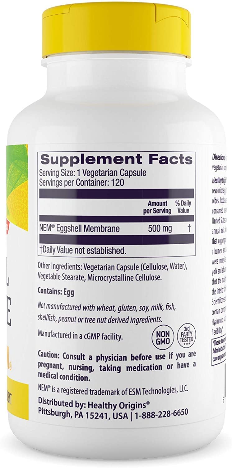 Healthy Origins Eggshell Membrane (NEM), 500 mg - Natural Collagen and Joint Support Supplement - Gluten-Free Supplement - 120 Veggie Capsules