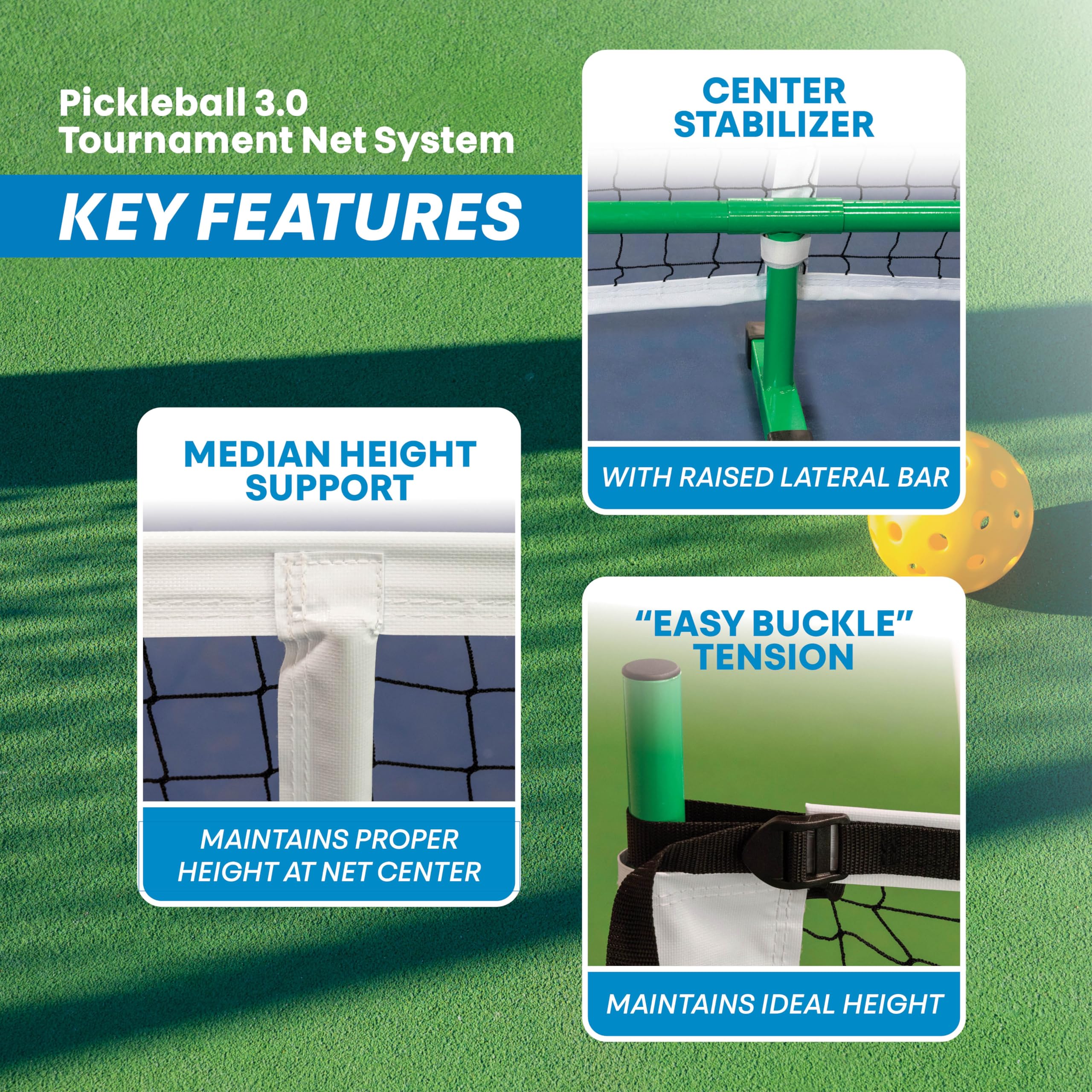 Pickleball 3.0 Tournament Net System - Portable, Lightweight, and Stable Pickleball Court Setup with Easy Buckle Tension System - Durable Steel Construction, Wide Bent Legs Mesh Net