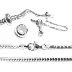 queenberry sterling silver 3mm snake bracelet with safety chain & stoppers for european bead charms, 7''