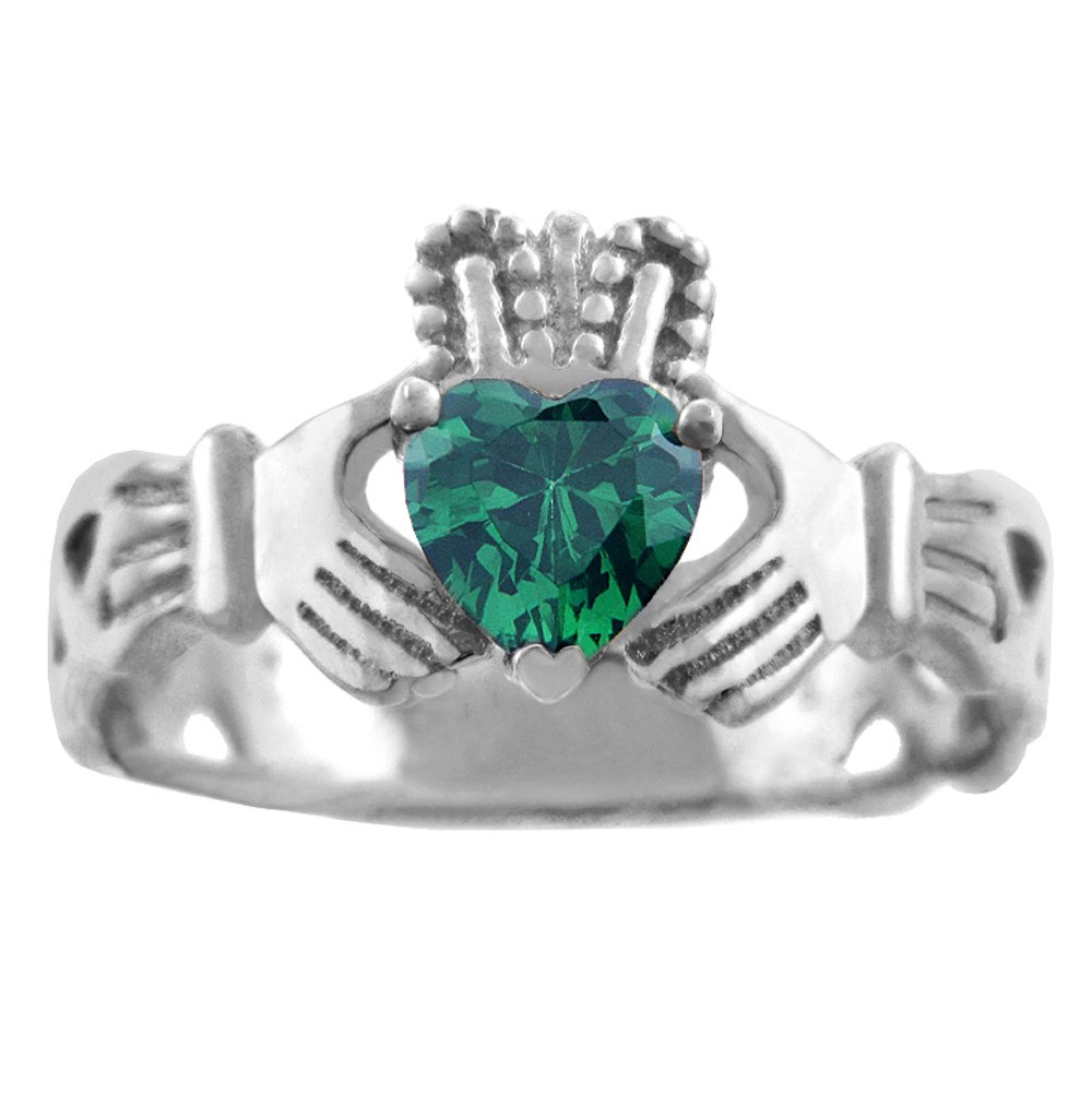 Claddagh Rings 925 Sterling Silver Solitaire Green CZ Celtic Knot (7.25)