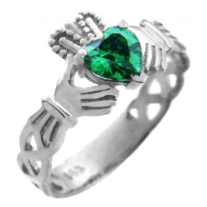 Claddagh Rings 925 Sterling Silver Solitaire Green CZ Celtic Knot (7.25)