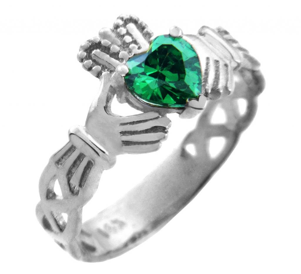 Claddagh Rings 925 Sterling Silver Solitaire Green CZ Celtic Knot (7.25)