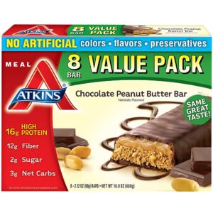 atkins chocolate peanut butter protein meal bar, high fiber, 16g protein, 2g sugar, 3g net carb, meal replacement, keto friendly, 8 count