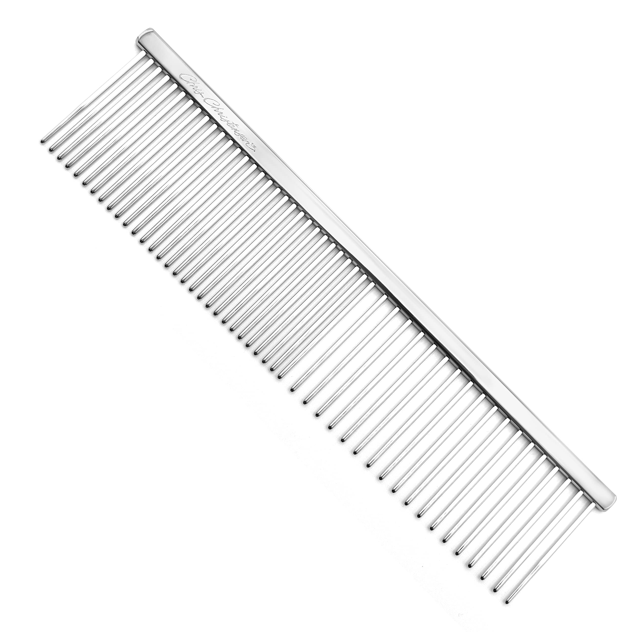 Chris Christensen 005 7.5 inch Fine/Coarse Long Tooth Greyhound-Style Butter Comb, Groom Like a Professional, Rounded Corners Prevent Friction and Breakage, Solid Brass Spin with Steel Teeth, Chrome