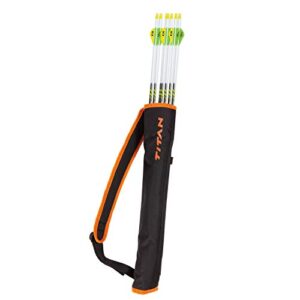 allen company youth archery back arrow quiver - compact and adjustable sling design - ideal arrow holder for young archers - 19 inches long - fits 14 arrows - orange/black