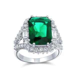 bling jewelry 7ct cubic zirconia cz pave rectangle green simulated emerald cut statement fashion ring for women silver plated brass